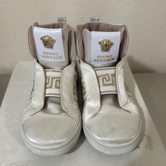Versace | Shoes | Versace Cream And Gold Hightop Sneakers | Poshmark